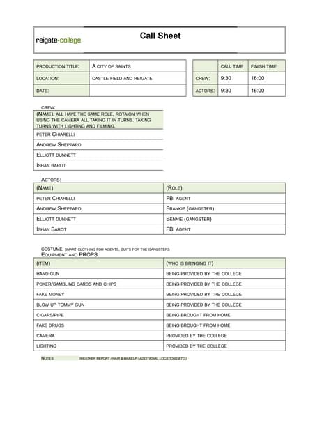 Location Call Sheet | PDF