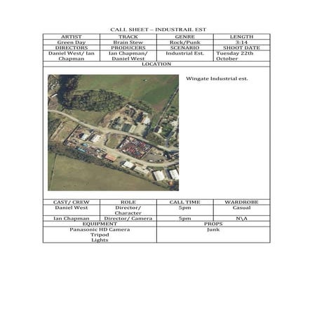 Call sheet tv studio | DOCX