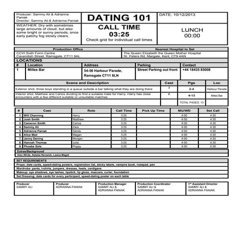 Dating 101 Actor Call Sheet | DOCX