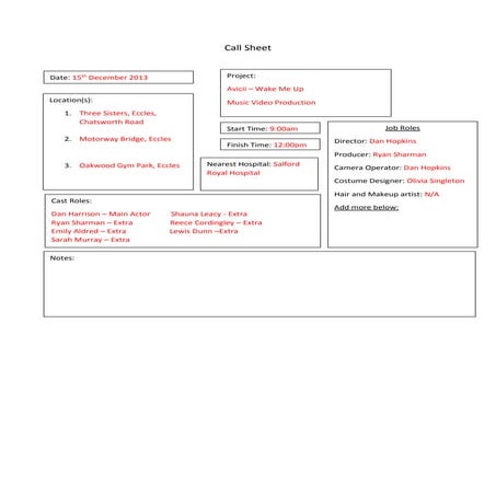 Call Sheet - Music Video Production | DOCX