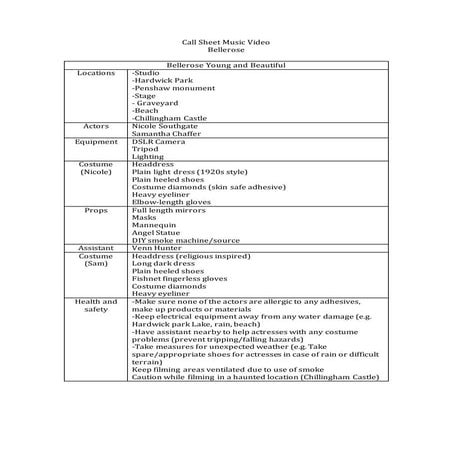Call sheet music video | DOCX