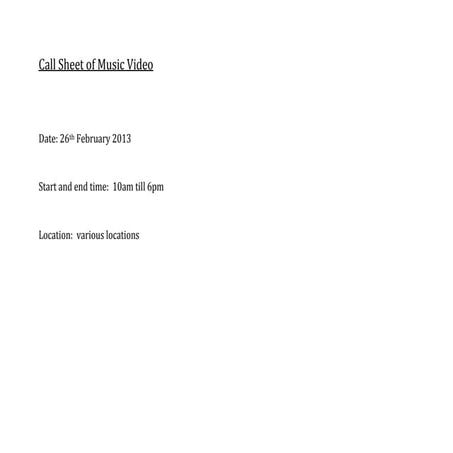 Call sheet of music video | DOCX