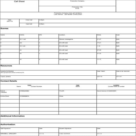MEDIA Call sheet powerpoint | PPTX