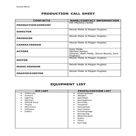 Call Sheet, Risk Assessment & Shooting Schedule | DOCX