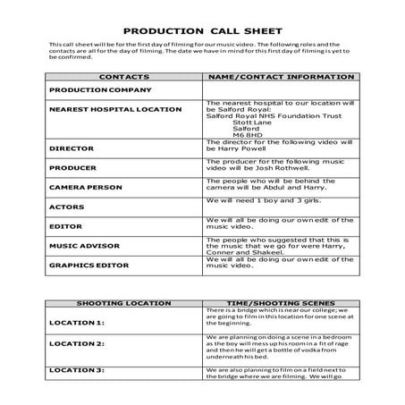 Call sheet | DOCX