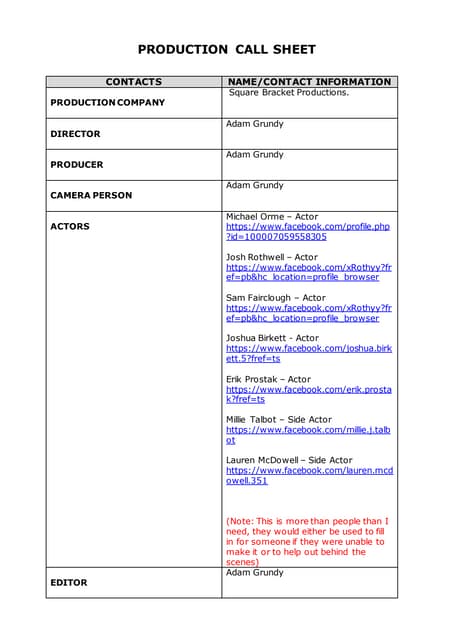 Location Call Sheet | PDF