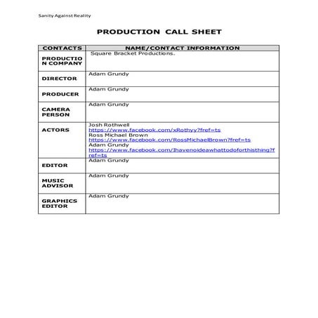 Radio production schedule call sheet template | DOCX