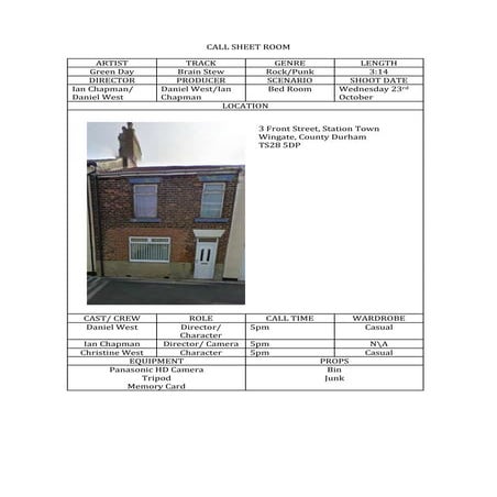 Call sheet tv studio | DOCX