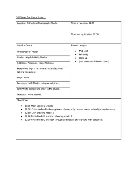 Photo Shoot Call Sheet | PDF