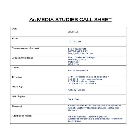 Call sheets | DOCX