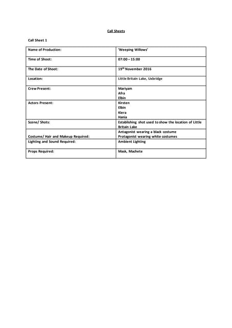 Callsheet for My Magazine | PDF