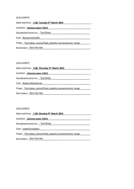 Shooting schedule - test shots | PDF