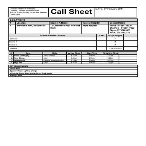 Call sheet session 3 | DOC | Television | Entertainment
