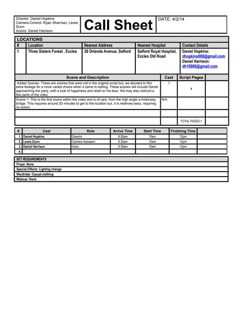 Call sheet 1 | DOC | Television | Entertainment