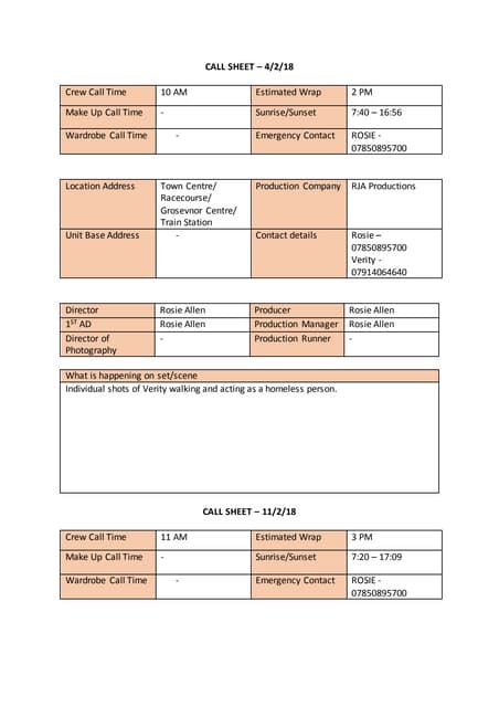Call sheet one more kiss | PDF