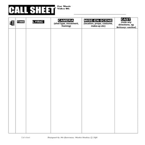 Music video call sheet template | DOC