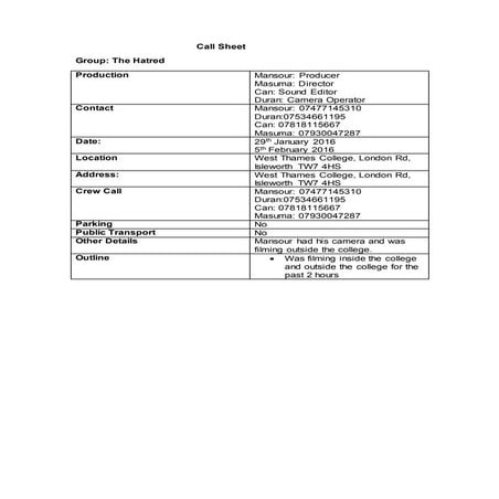 Call Sheet For Hatred | DOCX