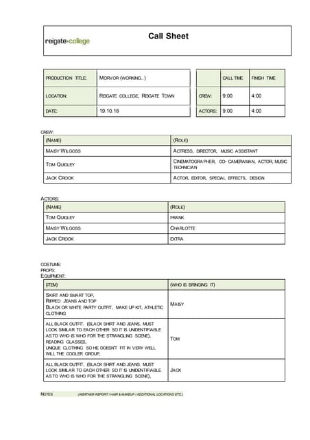 Call sheet 2016 media | DOC