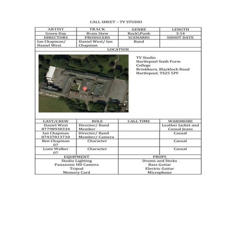 Call sheet tv studio | PDF