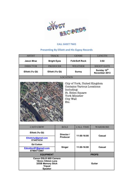 Call Sheet One | PDF