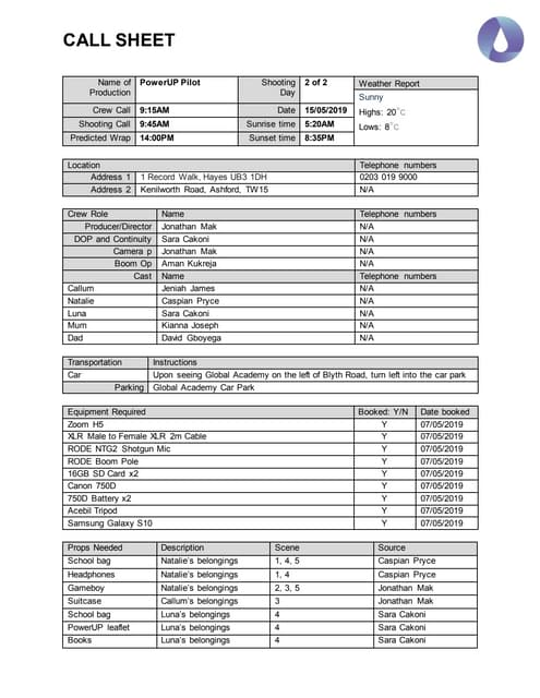 Call Sheet Alternative | PDF