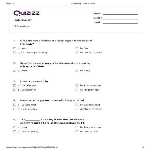ICSE BOARD: Chapter - Calorimetry - quizizz | PDF