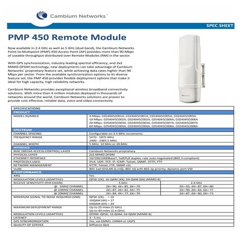 Cambium networks pmp 450 rm spec sheet 091613 | PDF