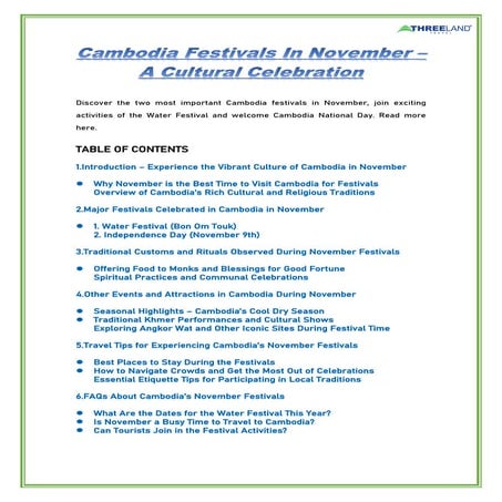 Cambodia Festivals In November – A Cultural Celebration | PDF