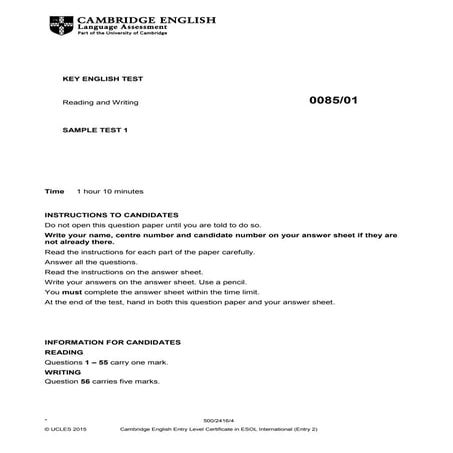 Cambridge english-key-sample-paper-1-reading-and-writing v2 | PDF
