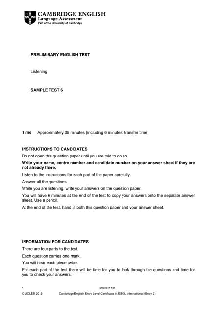 Cambridge english-preliminary-for-schools-sample-5-listening v2 | PDF