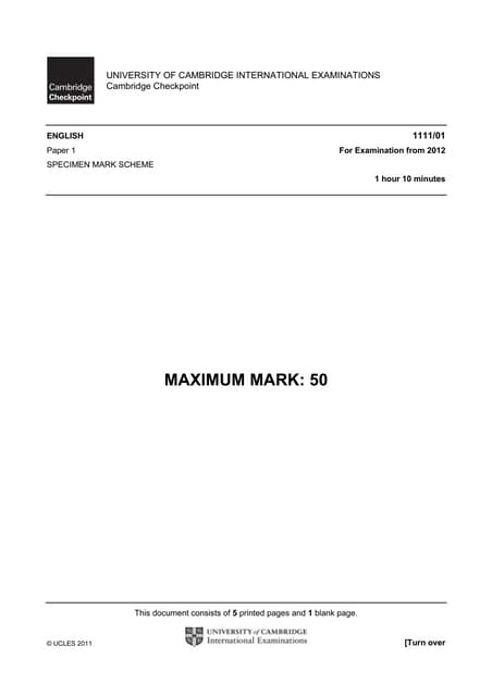 Cambridge checkpoint english p2 specimen mark scheme 2012 Cambridge checkpoint english p2 specimen mark scheme 2012