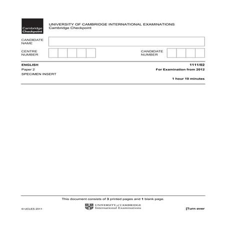 Cambridge checkpoint english p2 specimen insert 2012 | PDF
