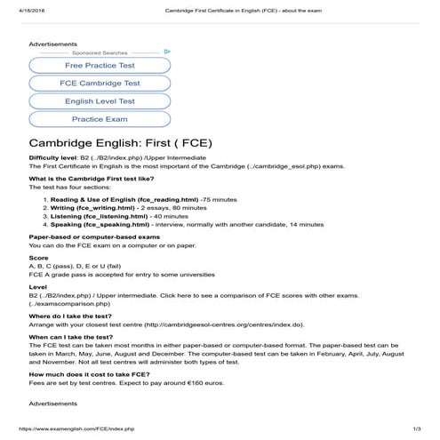 Cambridge first certificate in english (fce) about the exam | PDF