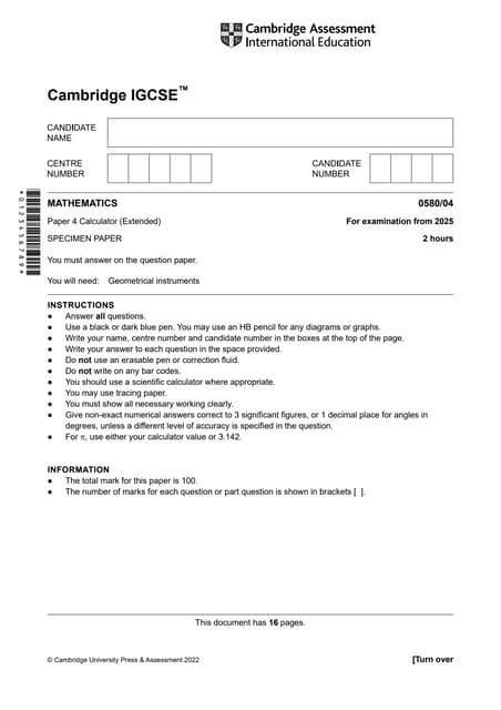Cambridge IGCSE 0580 Mathematics specimen paper 1 for examination from ...