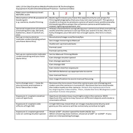 Camera tick sheet | DOCX