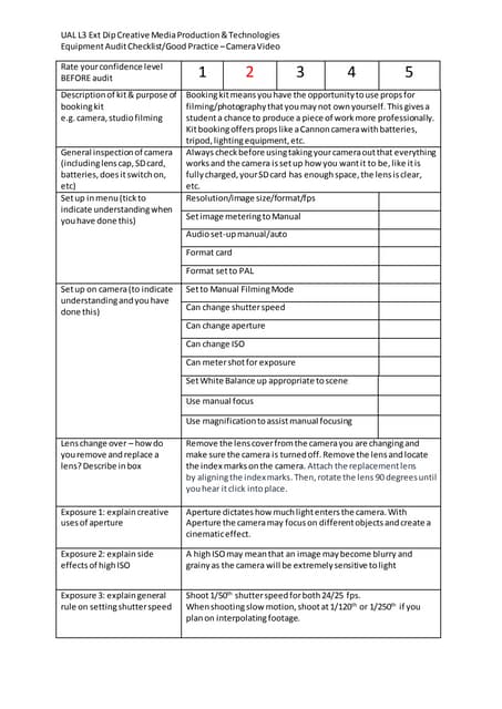 Dslr workshop camera audit form blank 2019 | PDF