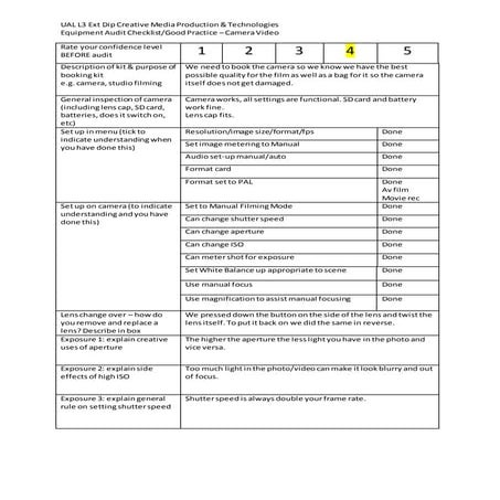 Camera tick sheet | DOCX