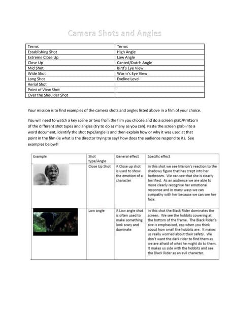 FM1 - Cinematography - Lesson 1 shot type id task | PDF