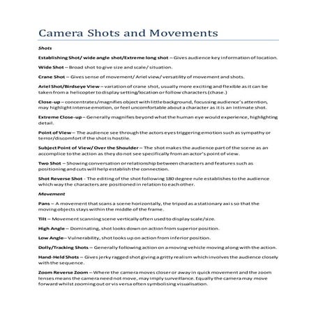 Camera shots and movements | DOCX