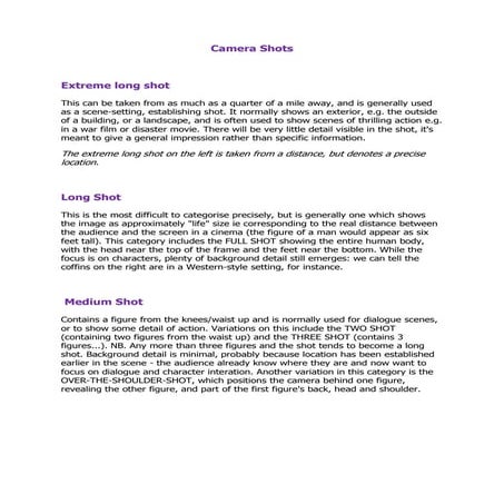 Camera Shots, Movement And Angles | DOCX