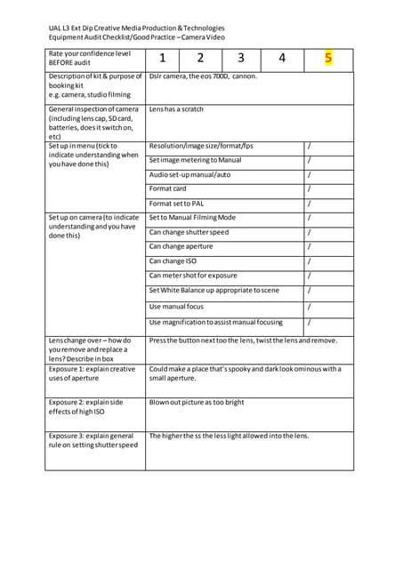 Dslr workshop camera audit form blank 2019 | PDF