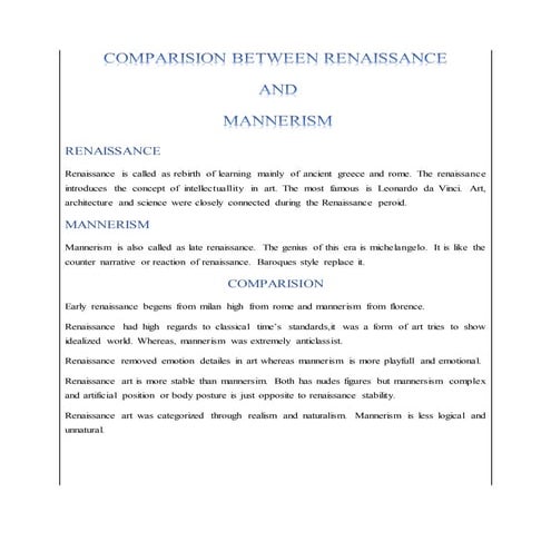 Camparision between renaissance and mannerism | DOCX | Fine Art