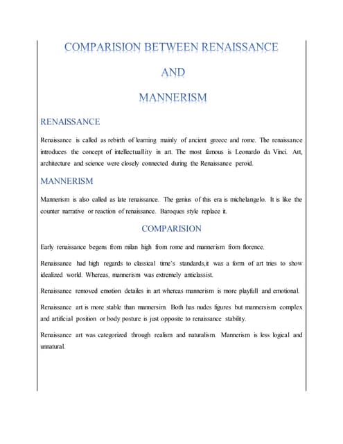 Renaissance Art to Mannerism Art Differences | PPT