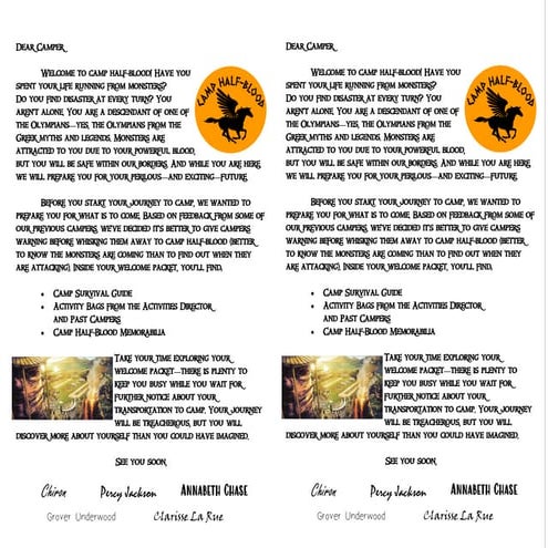 Camp Half Blood: Welcome Letter | PDF