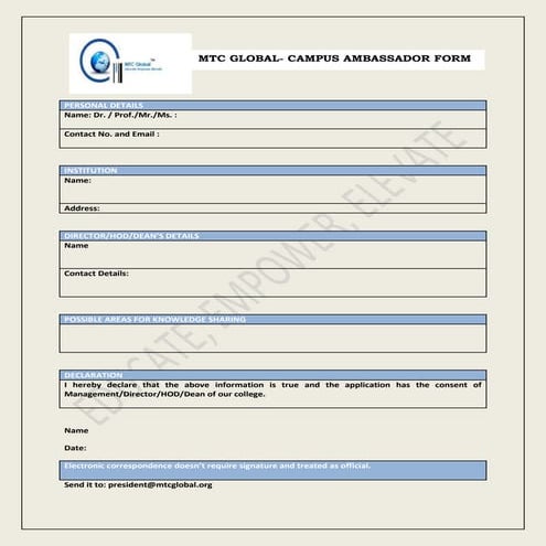 Campus ambassador form mtc global | PDF