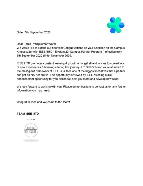 Campus Ambassador Selection Letter For Paras Pradipkumar Waral Pdf