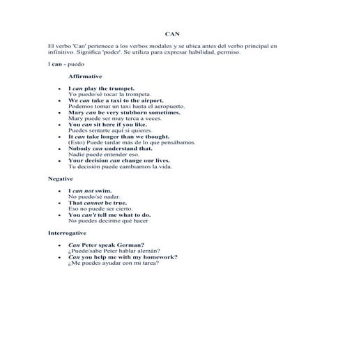 El verbo Can ingles su uso y estructura. | PDF