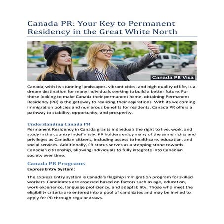 Canada PR: Your Key to Permanent Residency in the Great White North | PDF