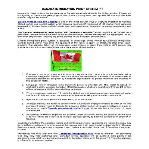 CANADA IMMIGRATION POINT SYSTEM PR | DOC