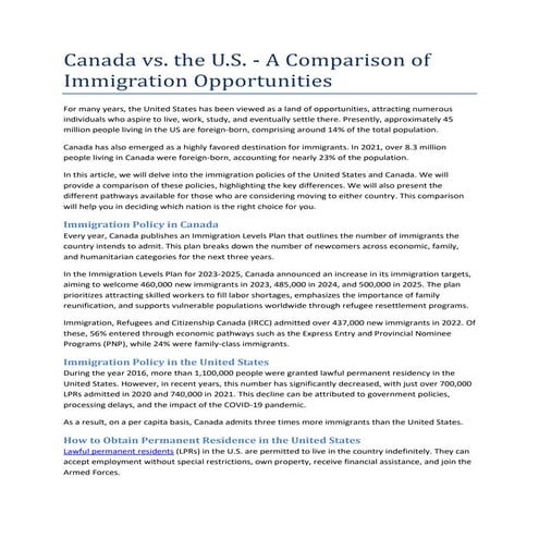 Canada vs. the U.S. - A Comparison of Immigration Opportunities.docx
